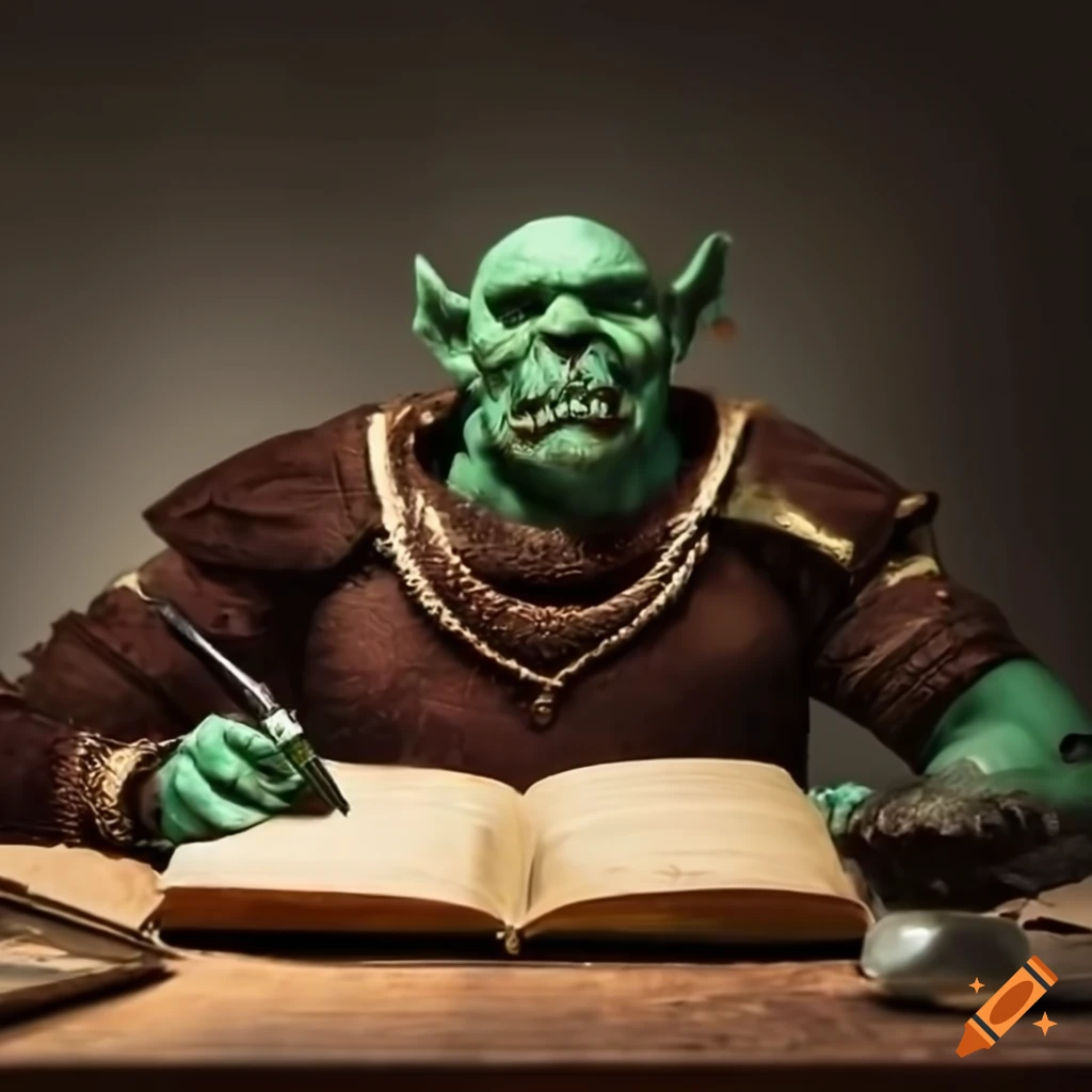 Orc writing in a book at an old desk with a quill pen on Craiyon