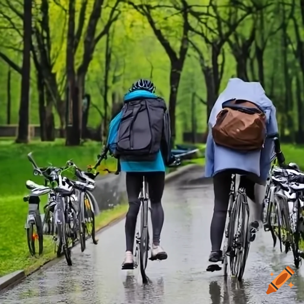 Students cycling through campus on a rainy day with matching backpack ...