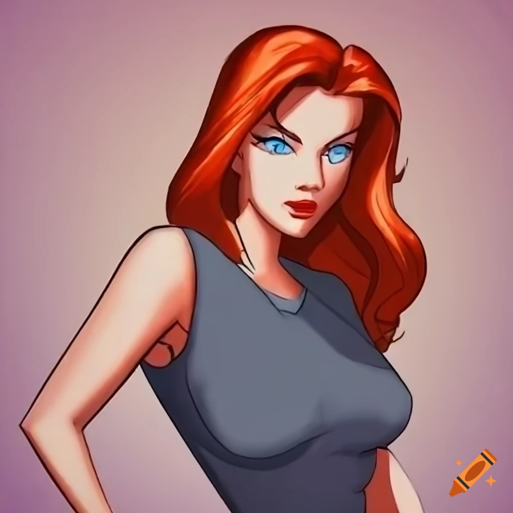 Barbara character with red hair and ice-blue eyes, wearing a dark gray ...