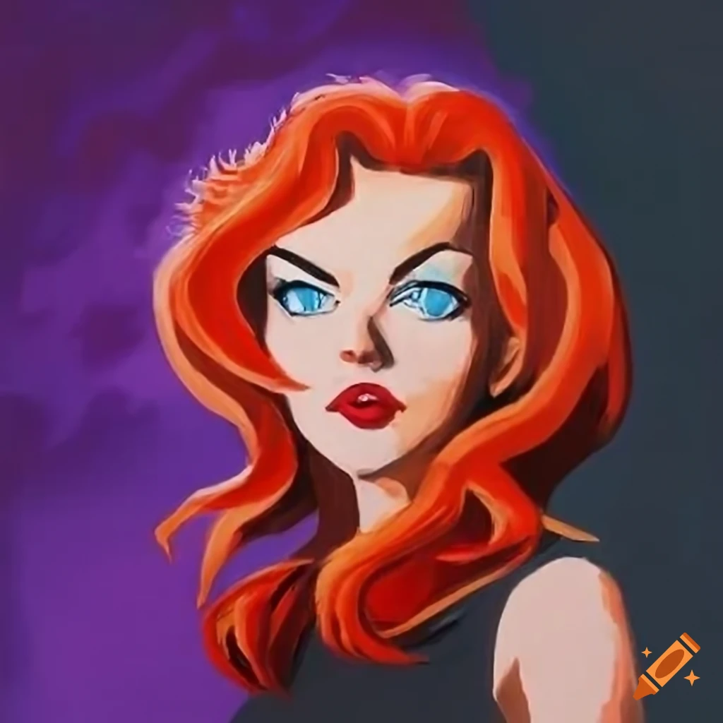 Character with red hair and ice-blue eyes in dark gray sleeveless shirt ...