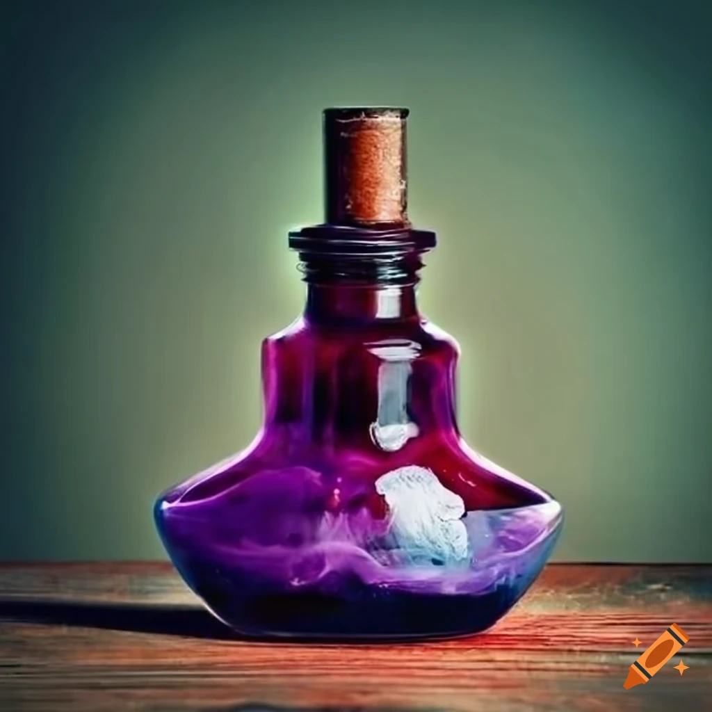 Mystical crimson elixir in a fancy potion flask on a wooden desk on Craiyon