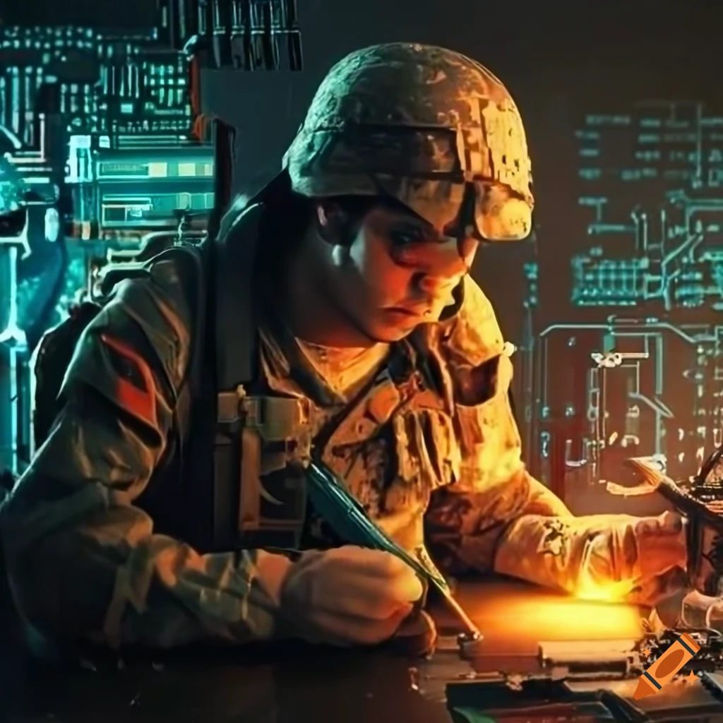 Soldier as electronics specialist soldering with microchip circuits in ...