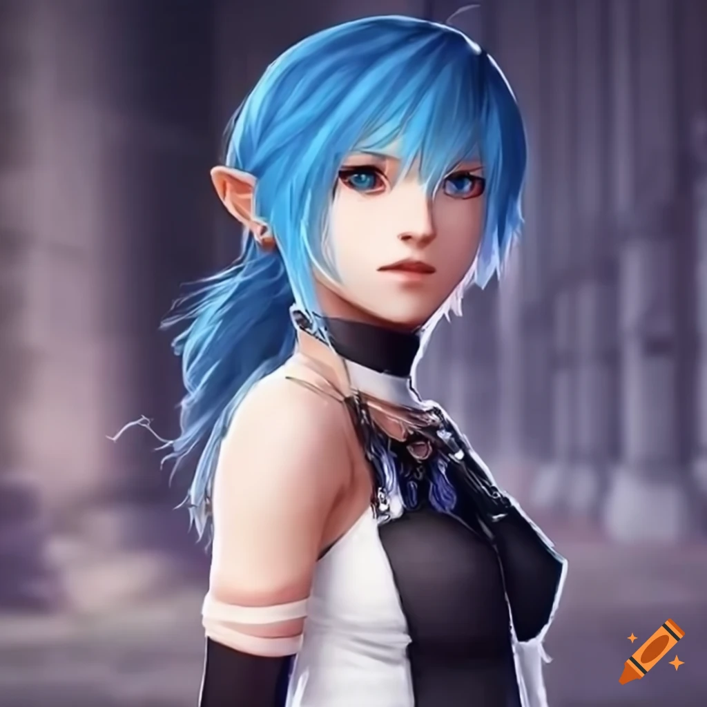 FF RPG game fighter with white cloth, blue hair, and black tights on Craiyon