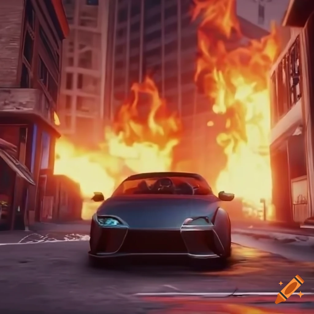 Close up of car on street with fire in unreal engine 5 environment on ...