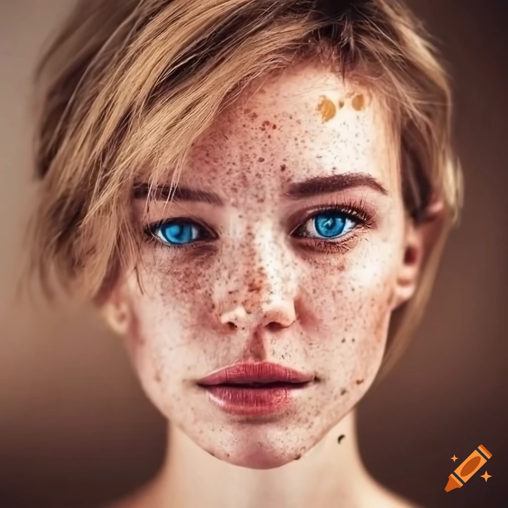 Portrait of a young woman with large blue eyes, freckles, and short ...