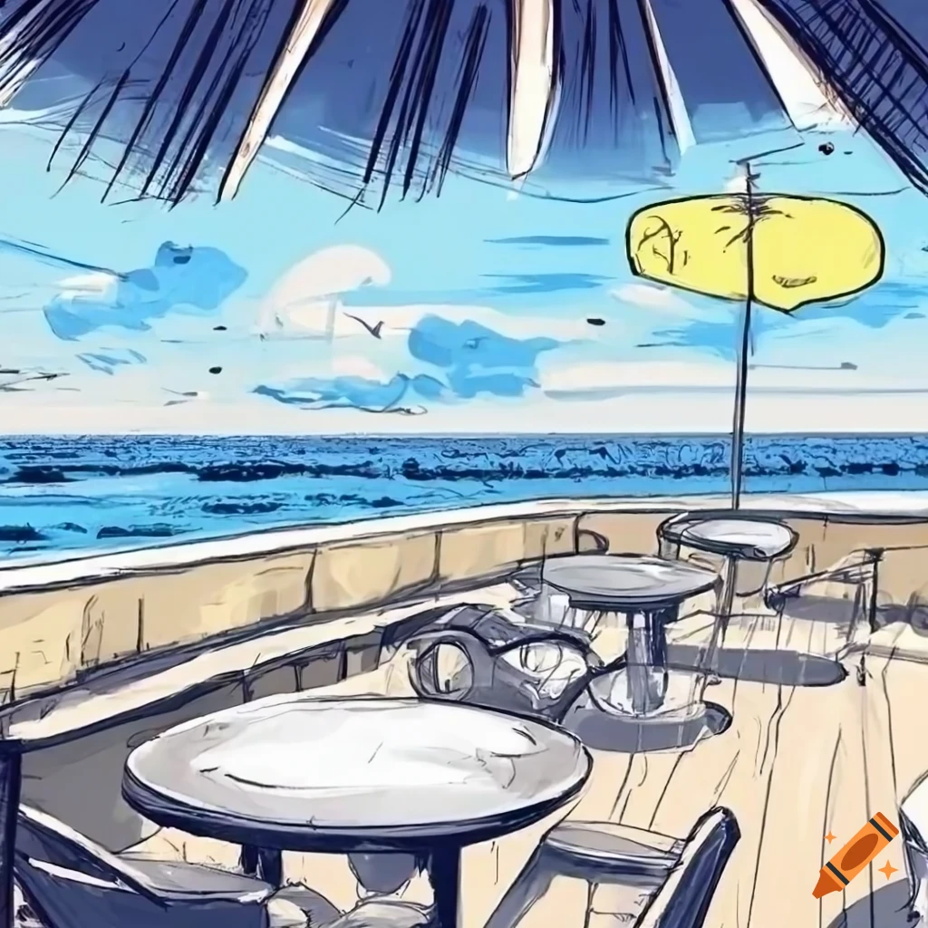 Interior of a beachfront restaurant with furniture, decoration, and ...