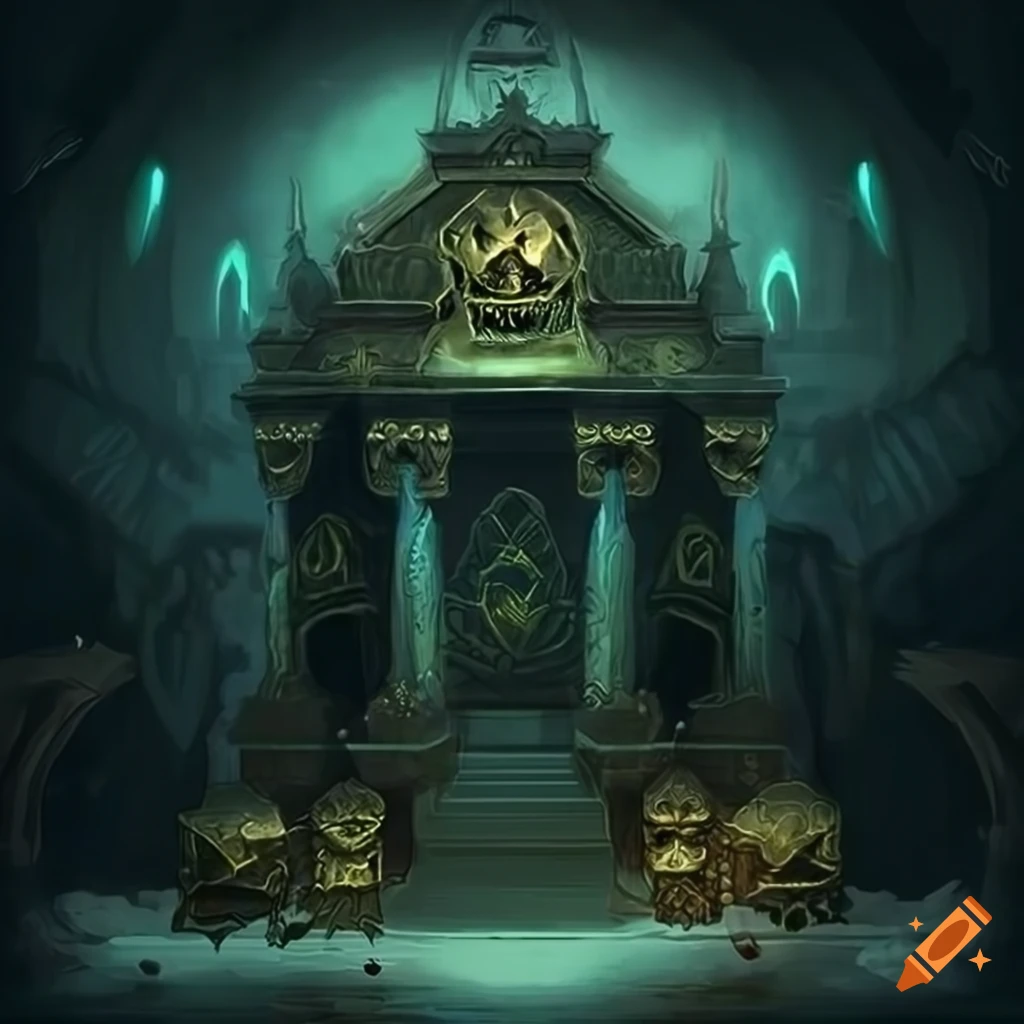 Dark and mysterious crypt with ancient gold artifacts, magic items, and ...