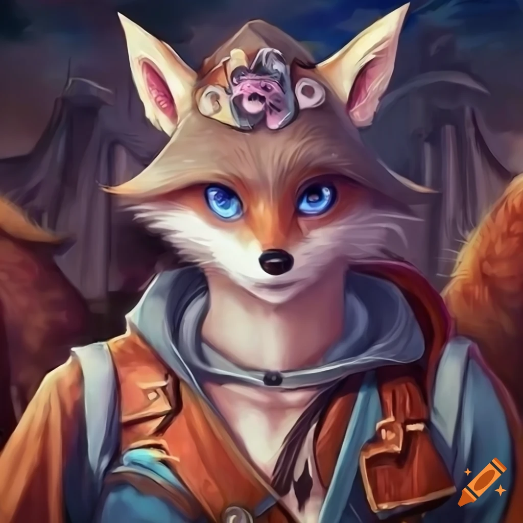 Dragon fox adventurer with blue eyes in classic anime art style on Craiyon
