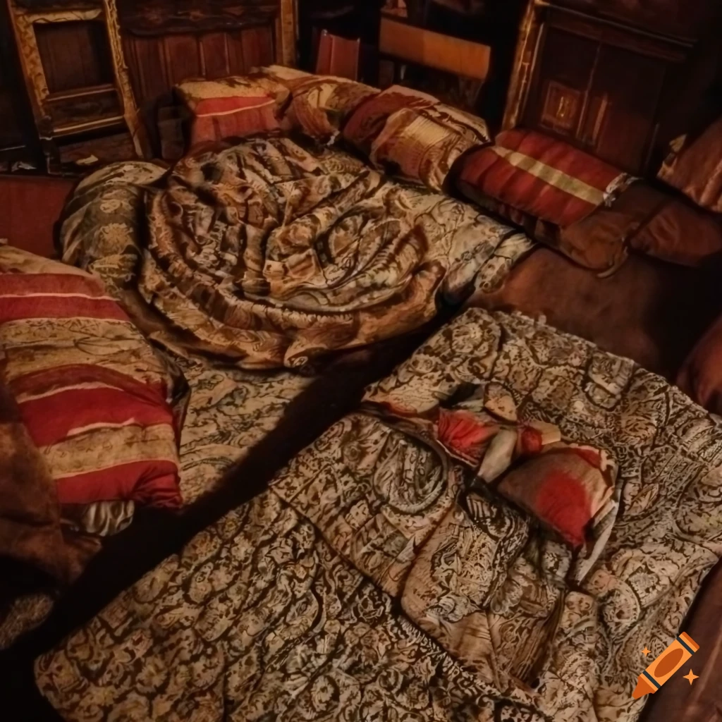 Medieval sleeping arrangement with pillows and blankets in chaotic ...