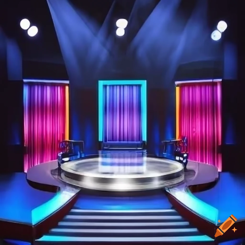 Vibrant TV game show set with spotlights and empty stage on Craiyon
