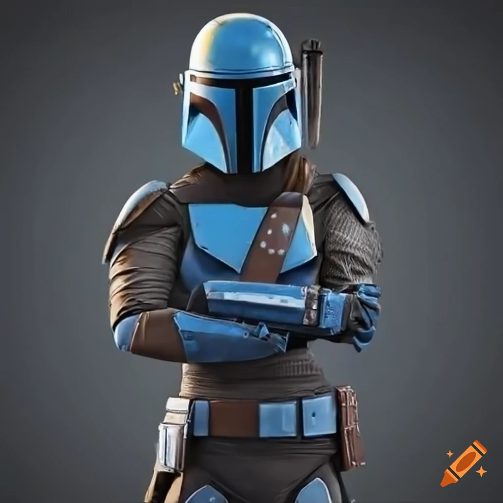 Female Mandalorian in blue and black armor with crossed arms on Craiyon