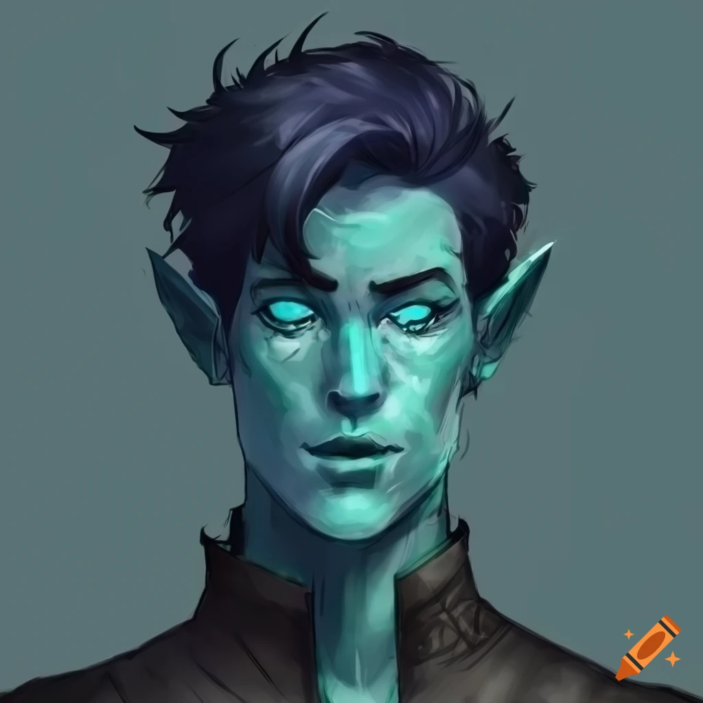 Water genasi warlock male with green skin and blue eyes in common ...