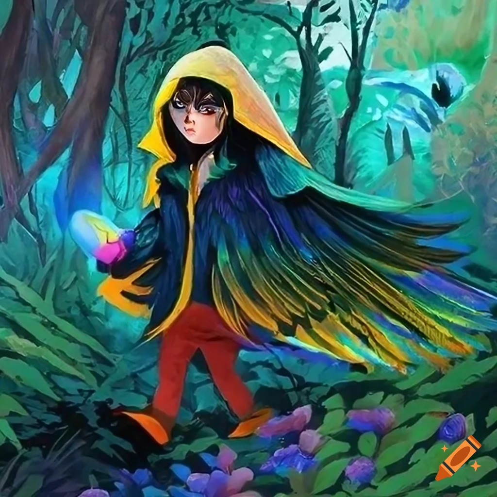 Raven walking in a forest garden at twilight wearing a peacock feather ...