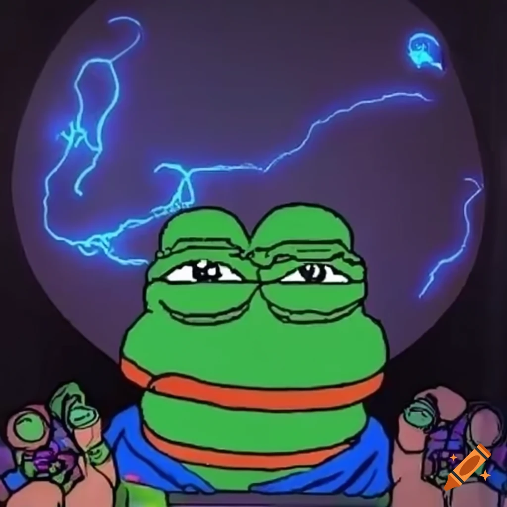 Pepe the frog as a tech wizard with holographic screens and symbols of ...