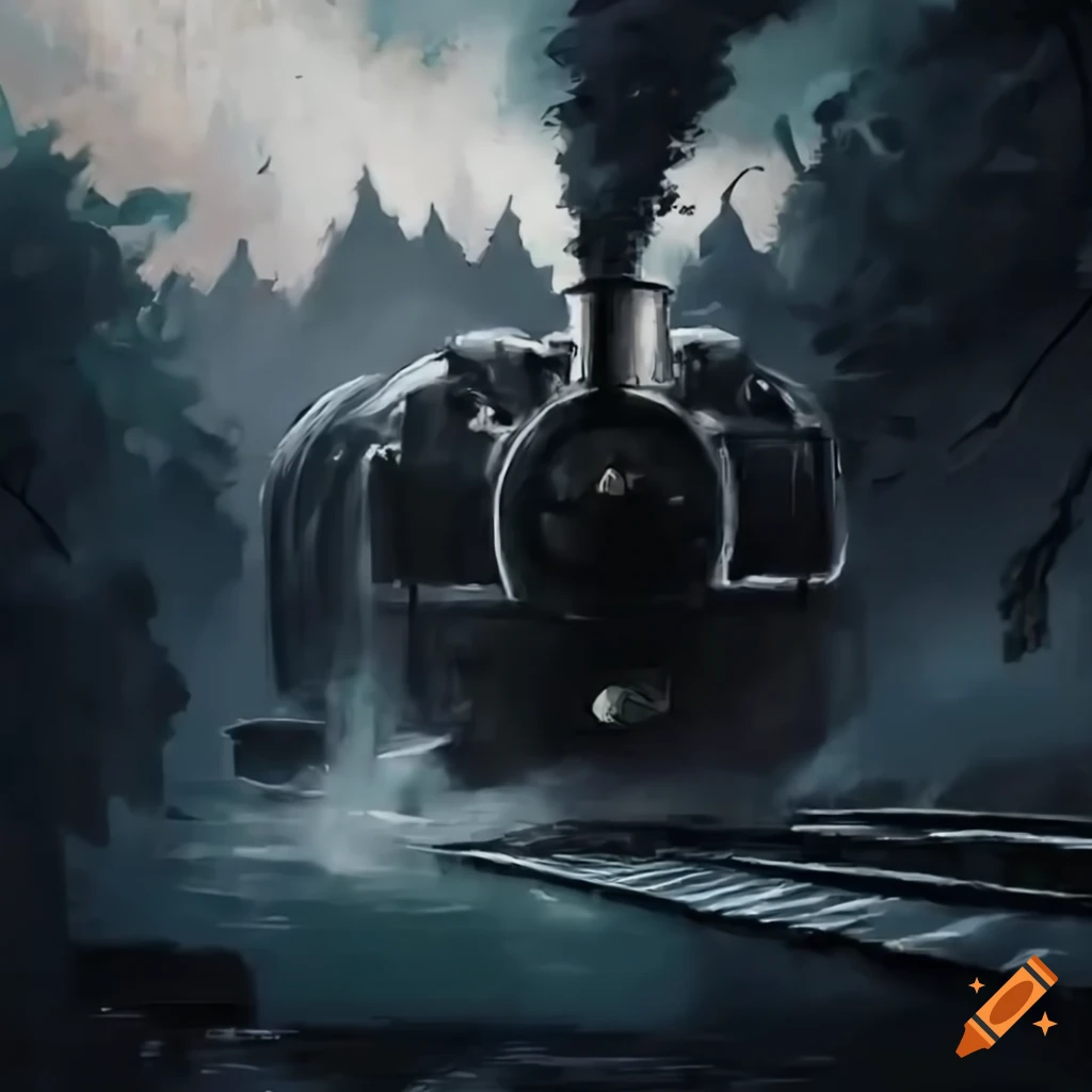 Japanese manga illustration of a steaming dark train on Craiyon