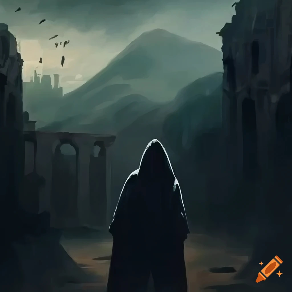 Mysterious figure in black cloak standing in ruins of a city under mountains on Craiyon