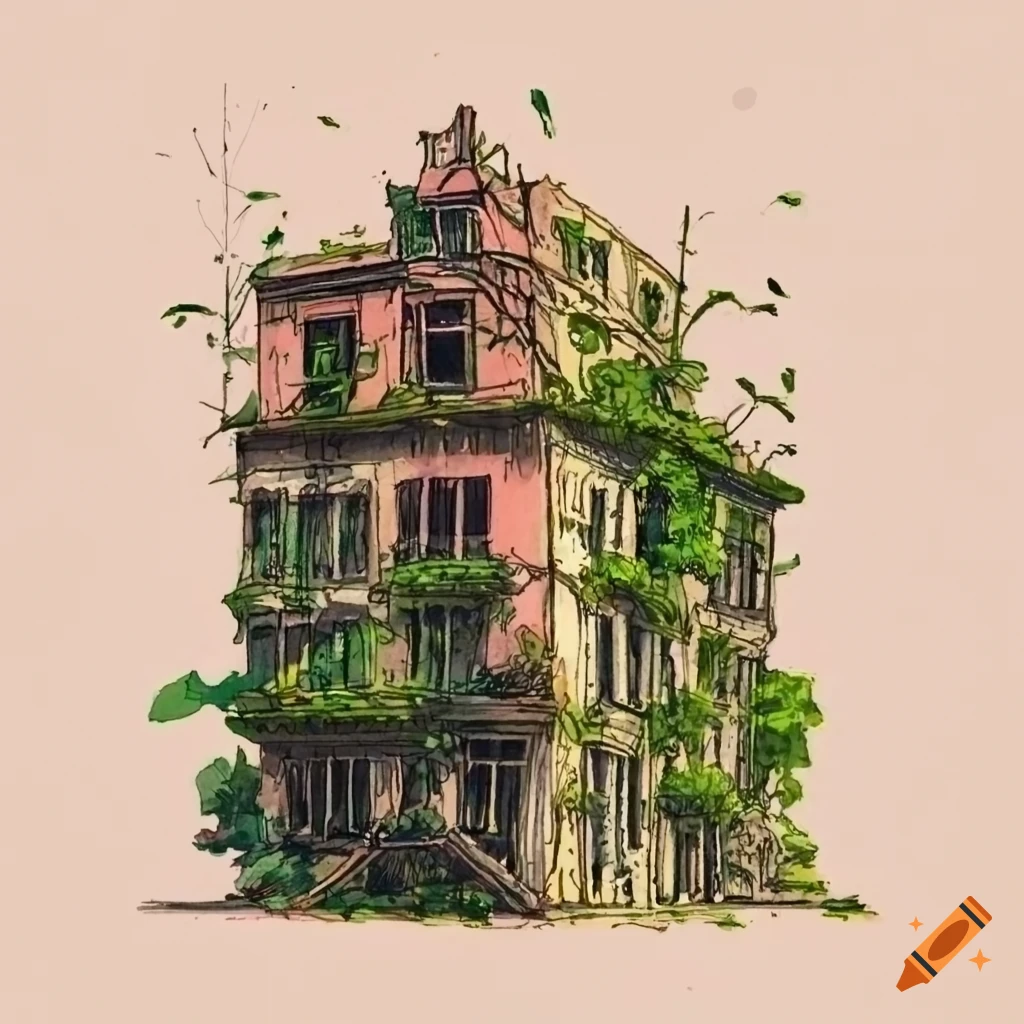 Overgrown urban structures with vines and plants in a state of ...