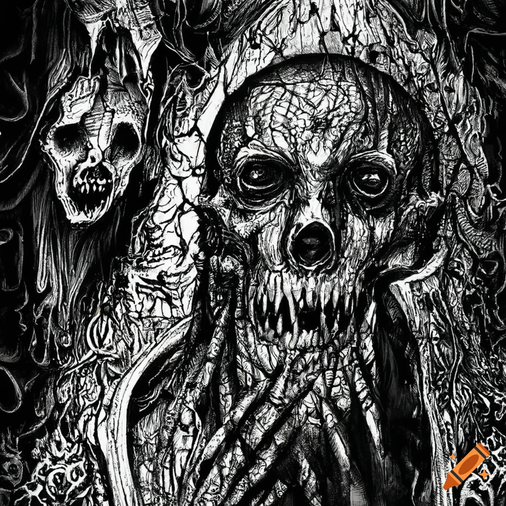 Intricate black and white ink drawing of a tormented demonic ghost ...