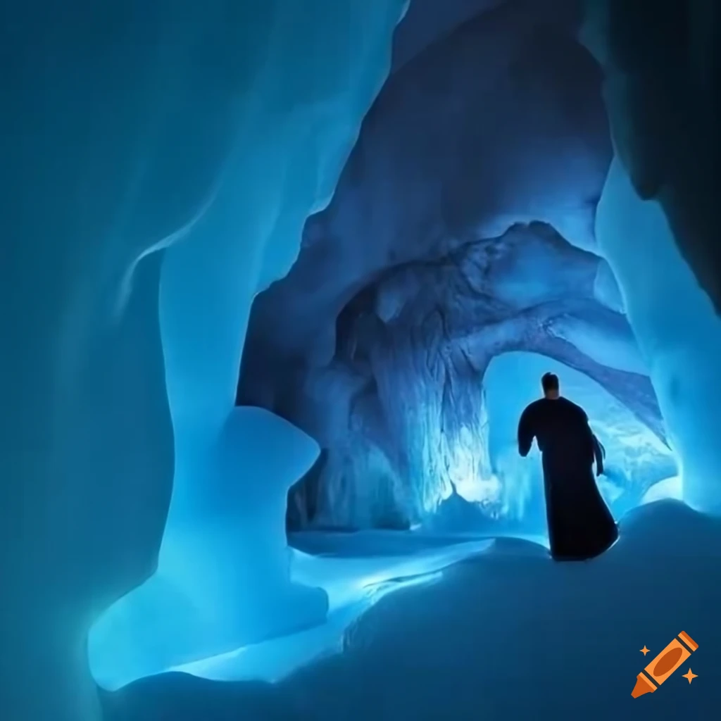 Ice cave palace with dramatic lighting and alien technology design on ...