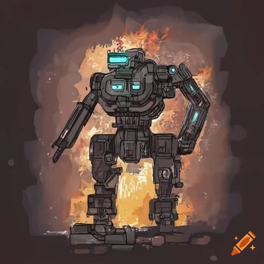 Sci-fi mech with launcher and welding tool amidst destruction and ...