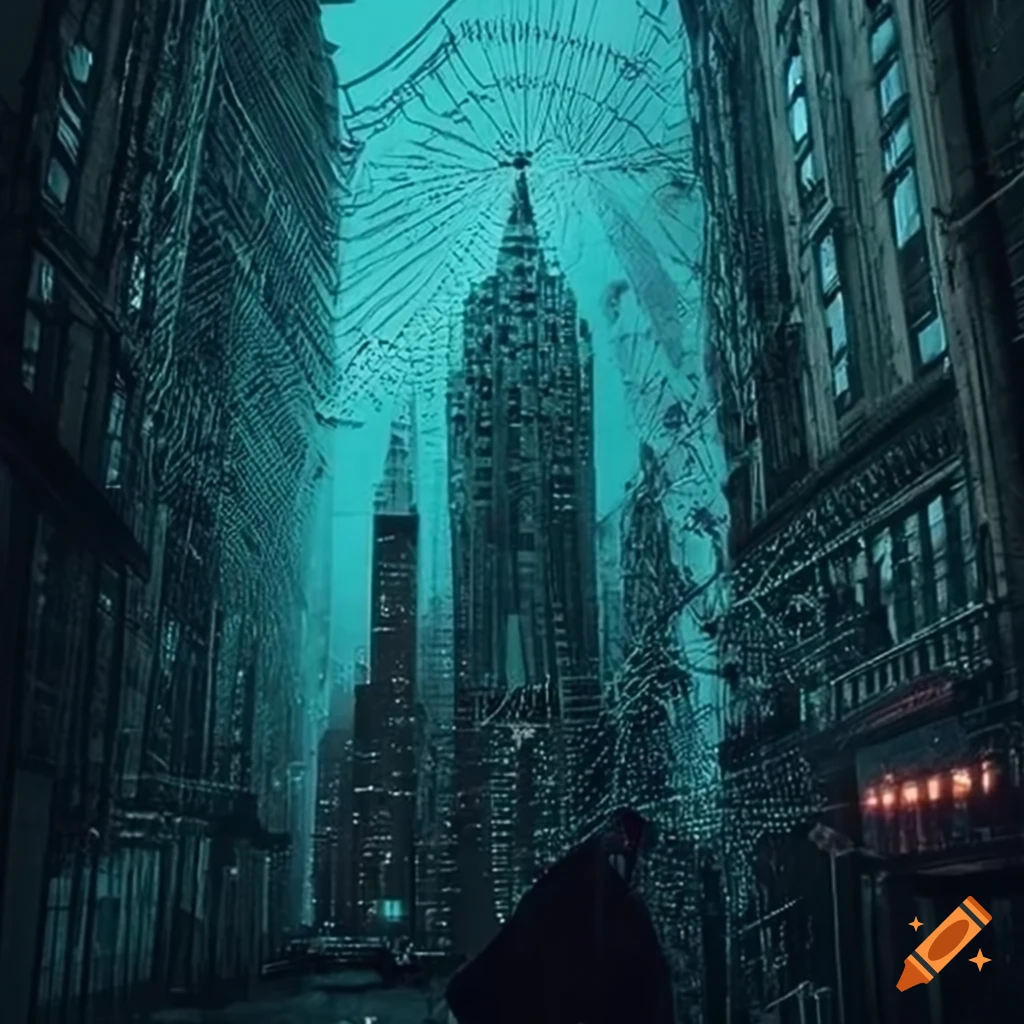 Surreal sci-fi horror depiction of New York City covered in spider webs ...