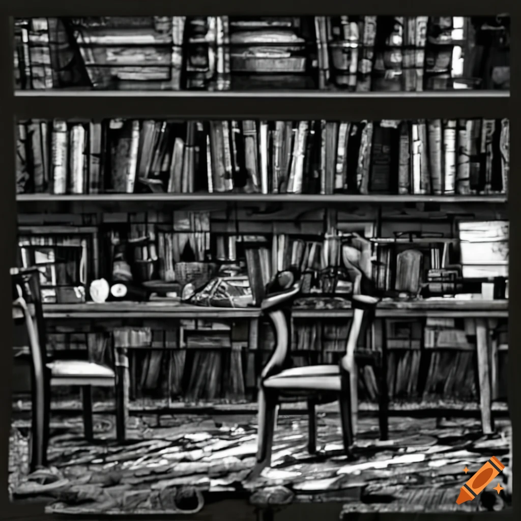 Messy rustic library with tables and comfy chairs on Craiyon