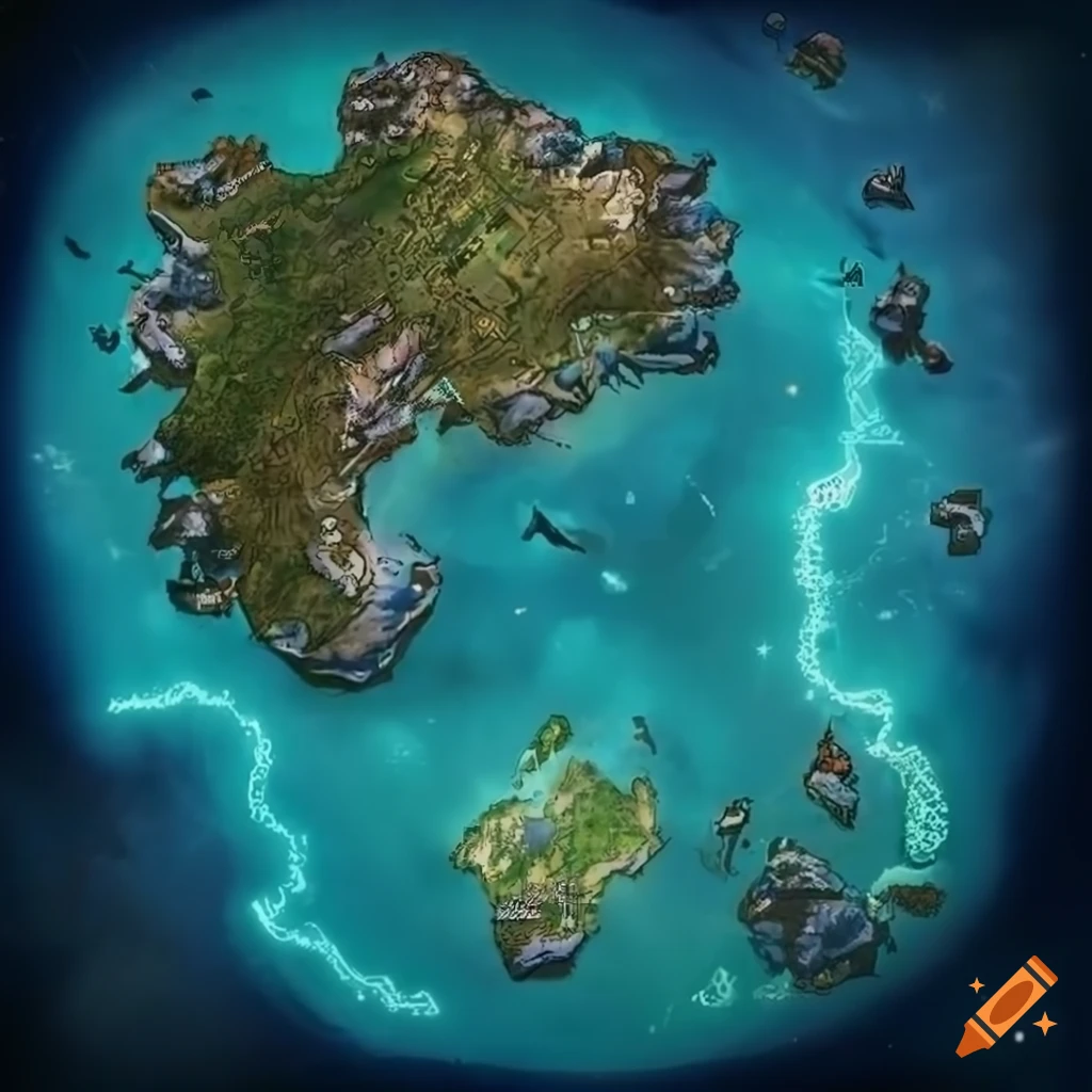 Cyberpunk RPG map with a continent in the ocean on Craiyon