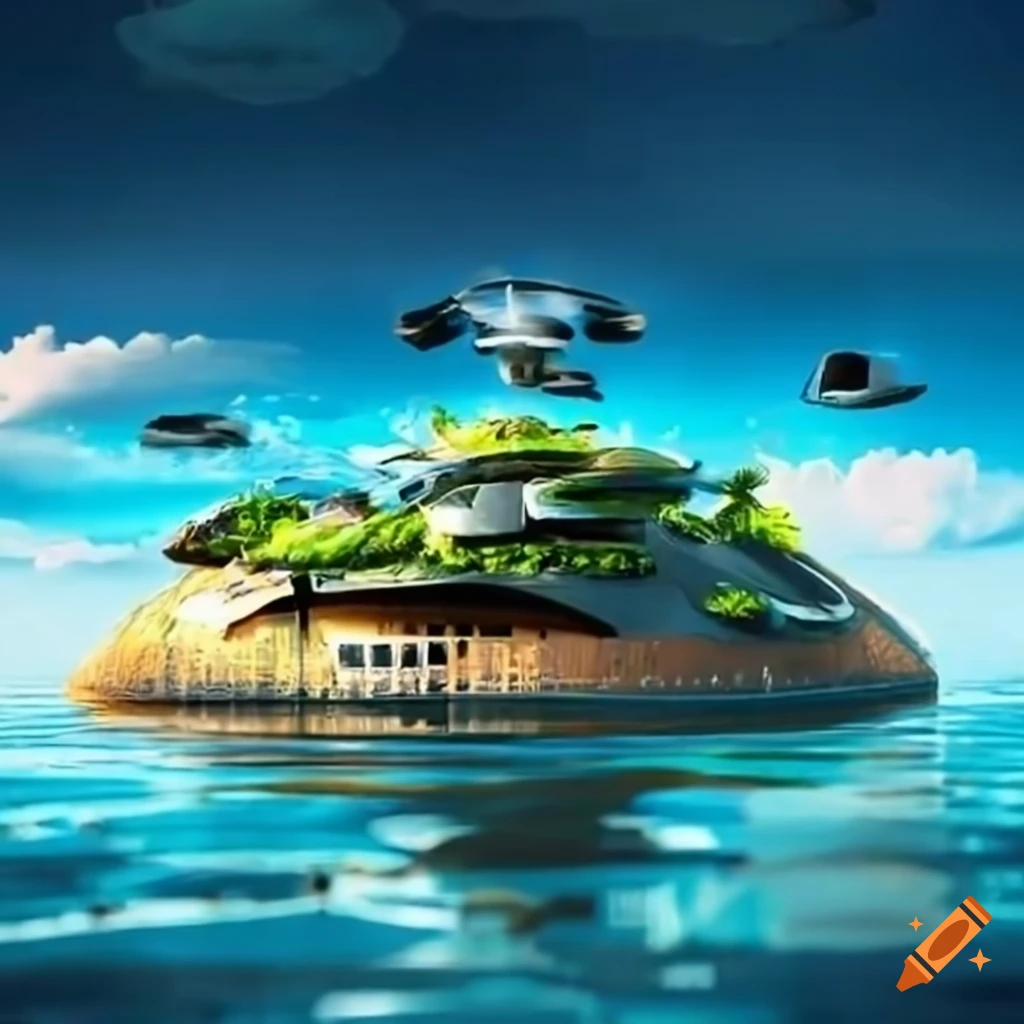 Future city shaped like a turtle island over water with flying cars and ...