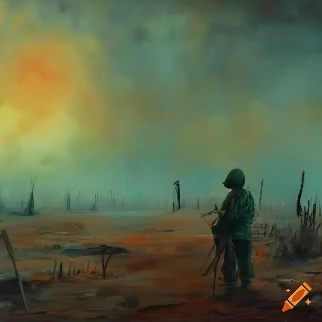 Soldier in a desolate wasteland with weathered buildings and an ...