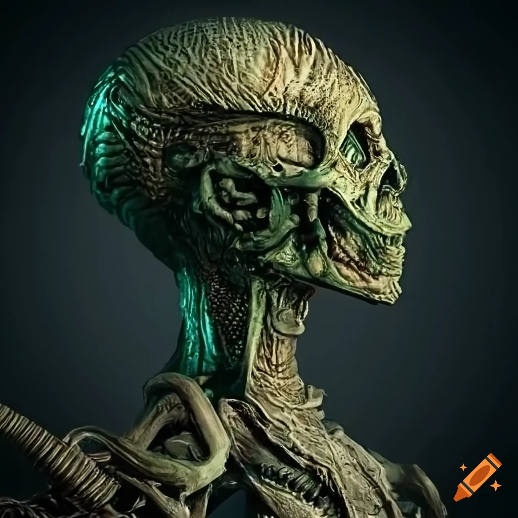 Sci-fi alien rotting robotic skeleton with dramatic lighting and red ...