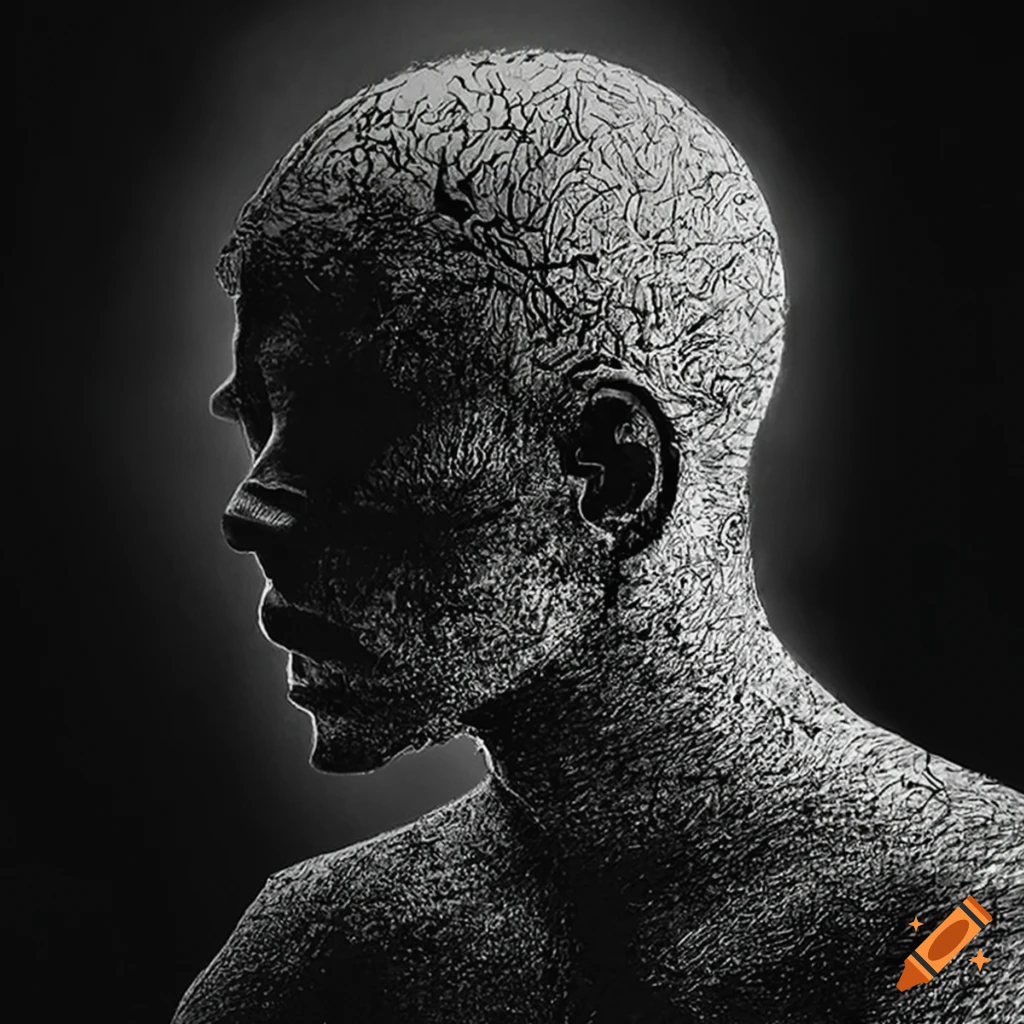 Black and white painting of a man disintegrating in a state of ...