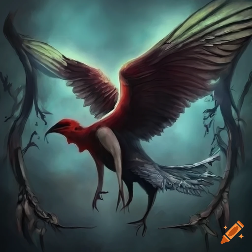 Absurdist dark fantasy art of a menacing bird with two sets of wings on ...