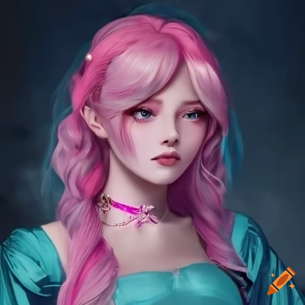 Ethereal princess with bubblegum pink hair and purple eyes in a teal ...