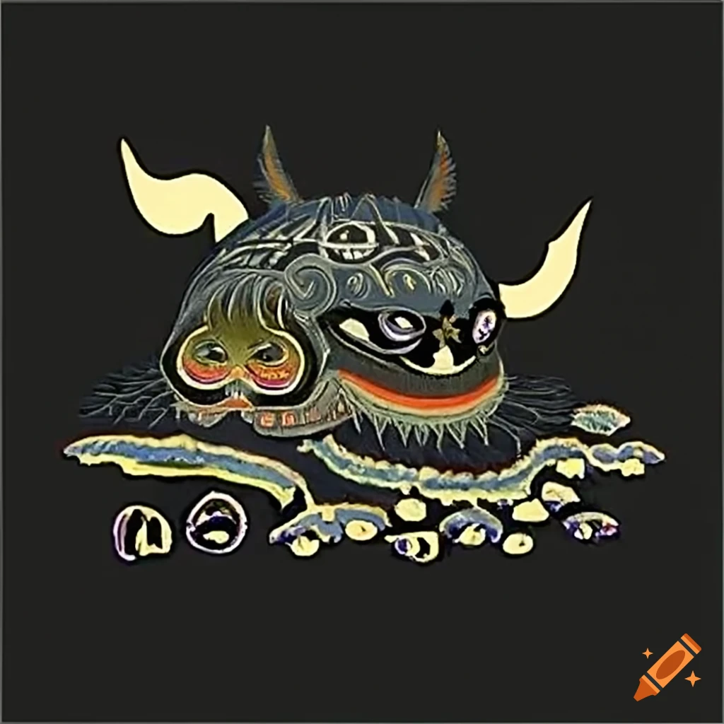 Illustration of native salish creature motifs and spirit masks on Craiyon