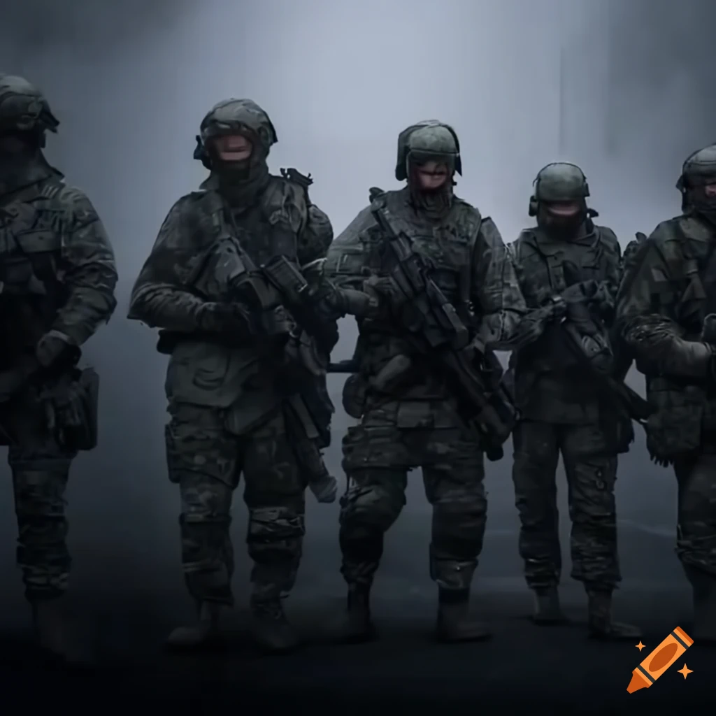 Elite military squad in formation ready to breach a door in a foggy ...