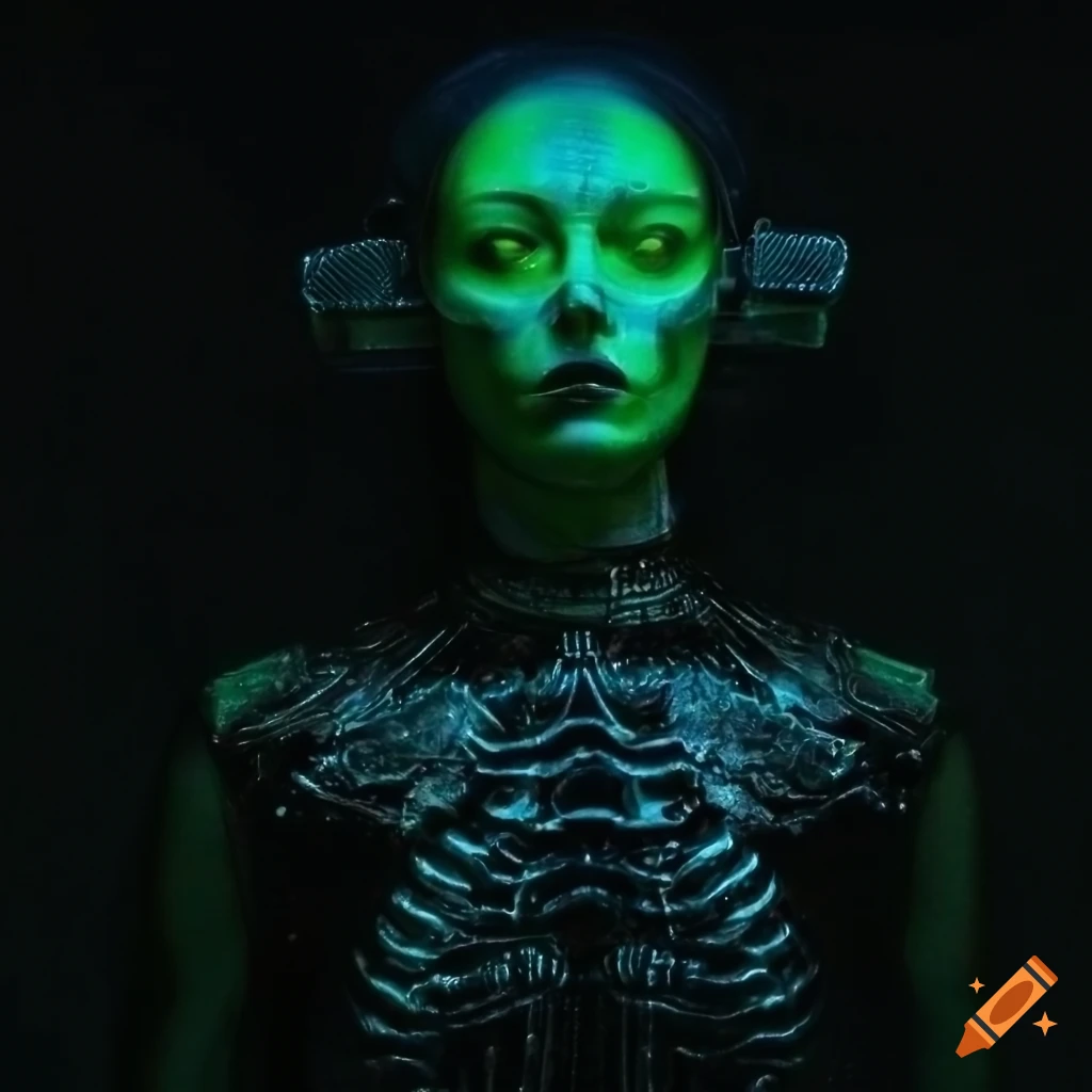 Sci-fi alien design with dramatic lighting in warm green tones on Craiyon