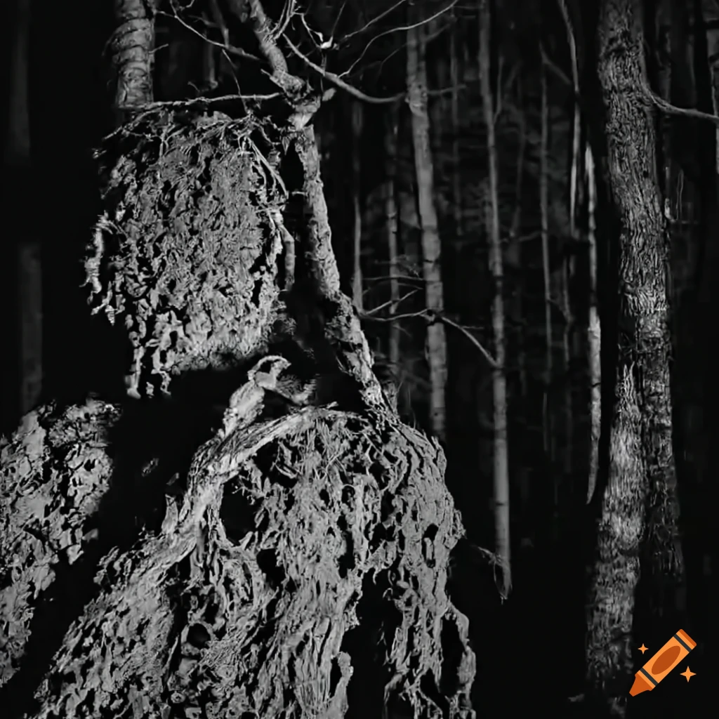 Moss humanoid creature in night vision trail camera footage on Craiyon