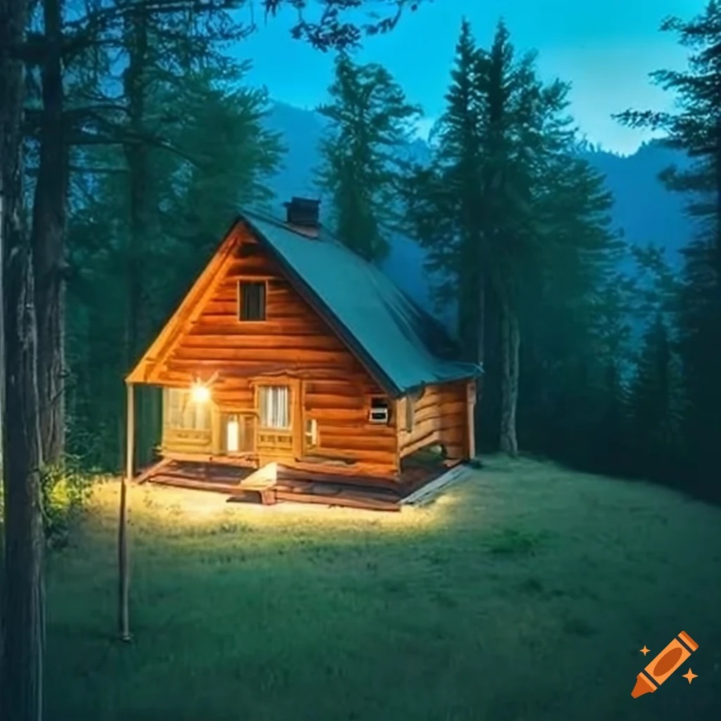 Cozy cabin nestled in serene mountain and sea landscape on Craiyon