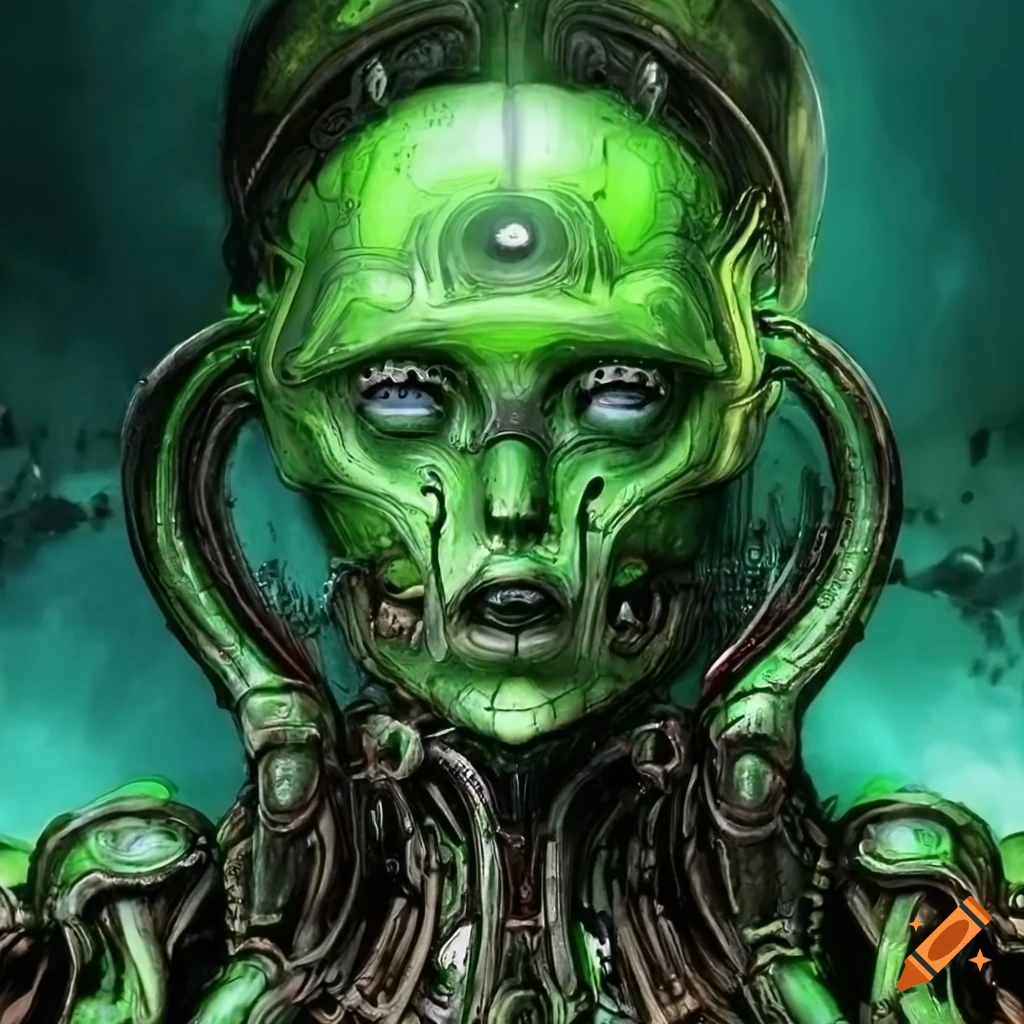 Sci-fi alien design by H.R. Giger with a dramatic and grotesque robot ...