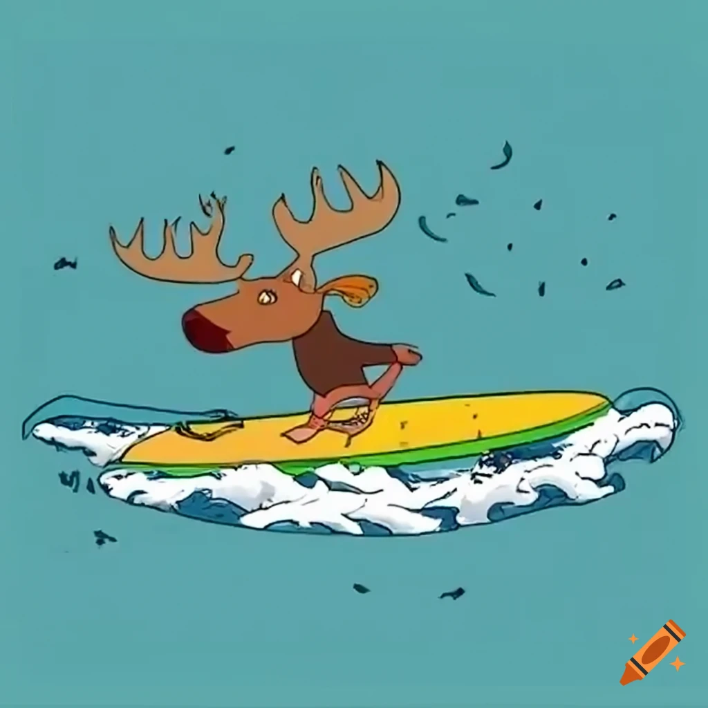 Moose surfing a huge wave with fish jumping out on Craiyon