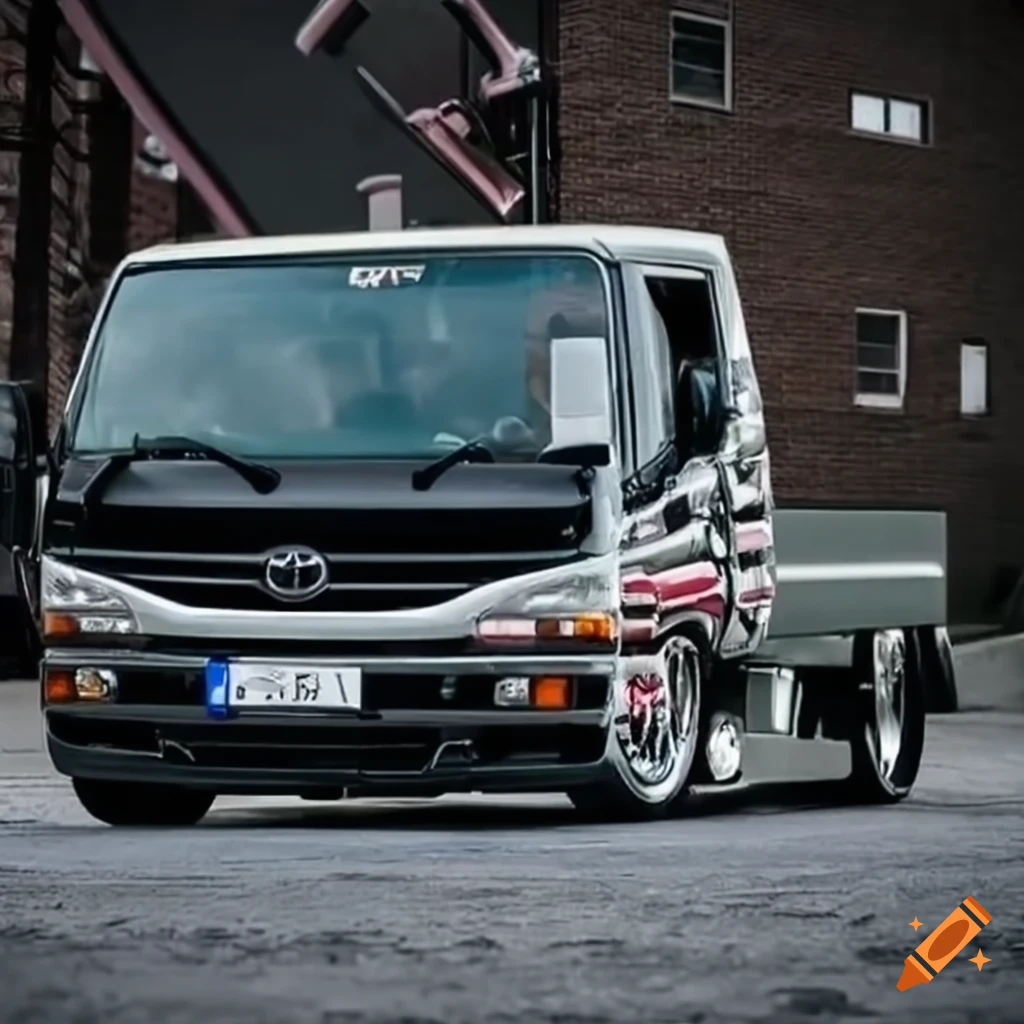 Modified Toyota Dyna with sport wheels, custom color, stickers, and ...