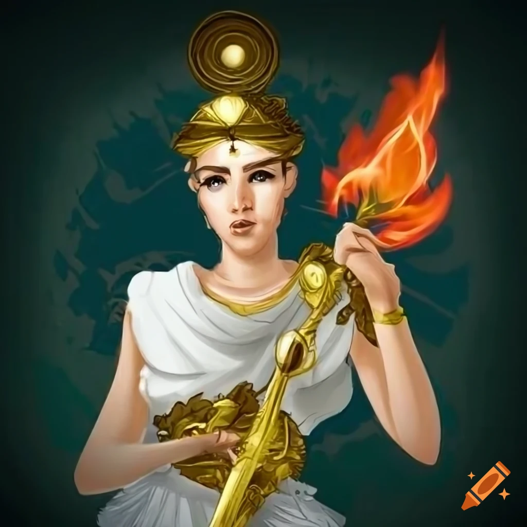 Greek goddess Athena with a flaming sword and white tunic on Craiyon