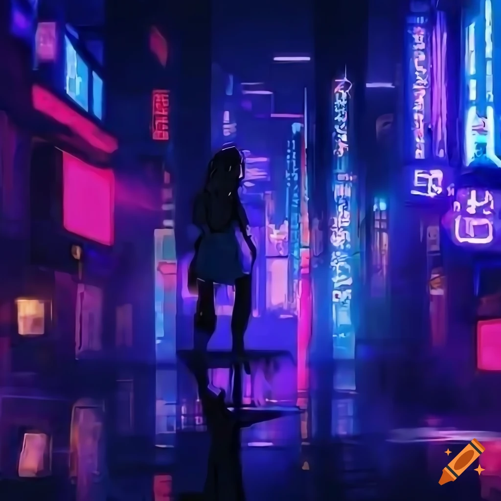Cyberpunk anime night rooftop scene with neon lights in 4k resolution ...