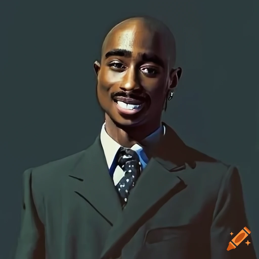 Tupac Shakur in black suit with a smile on Craiyon