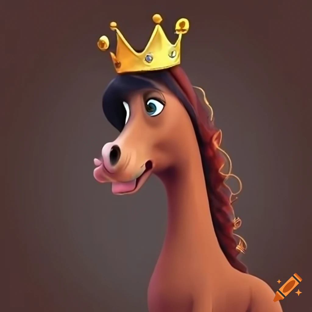 Whimsical disney horse with a crown, playful frown, black mane, and bay ...