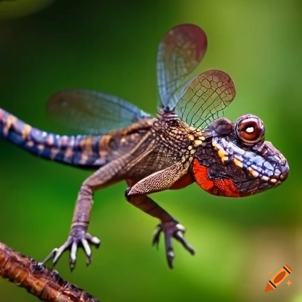 Lizard dragonfly dragon hybrid with iridescent wings and big eyes on Craiyon