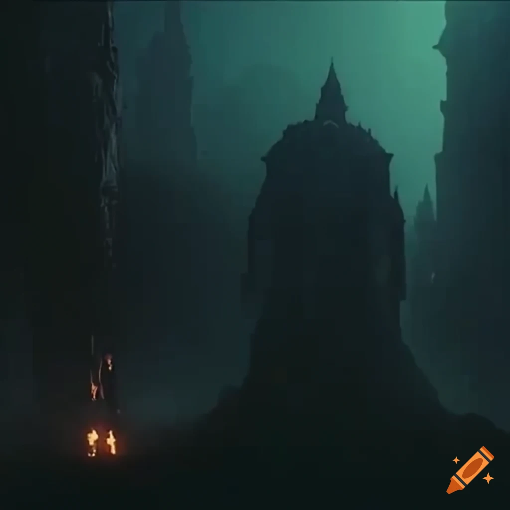 Medieval knight standing in a dark fantasy landscape with a massive ...