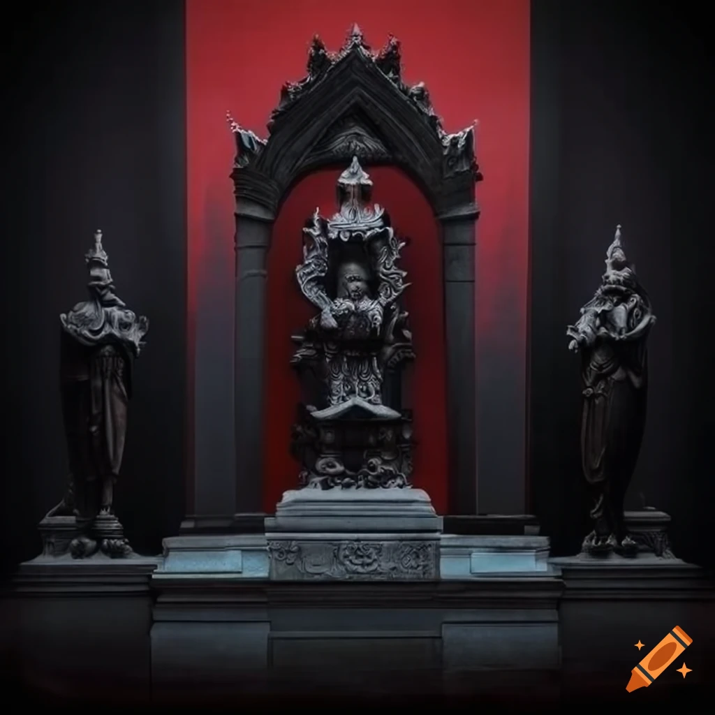 Dark black-red temple with statues and altar on Craiyon