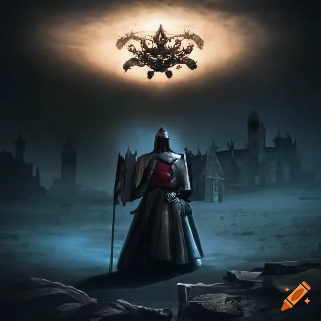 Medieval templar knights facing a flying saucer in a dark castle with a ...