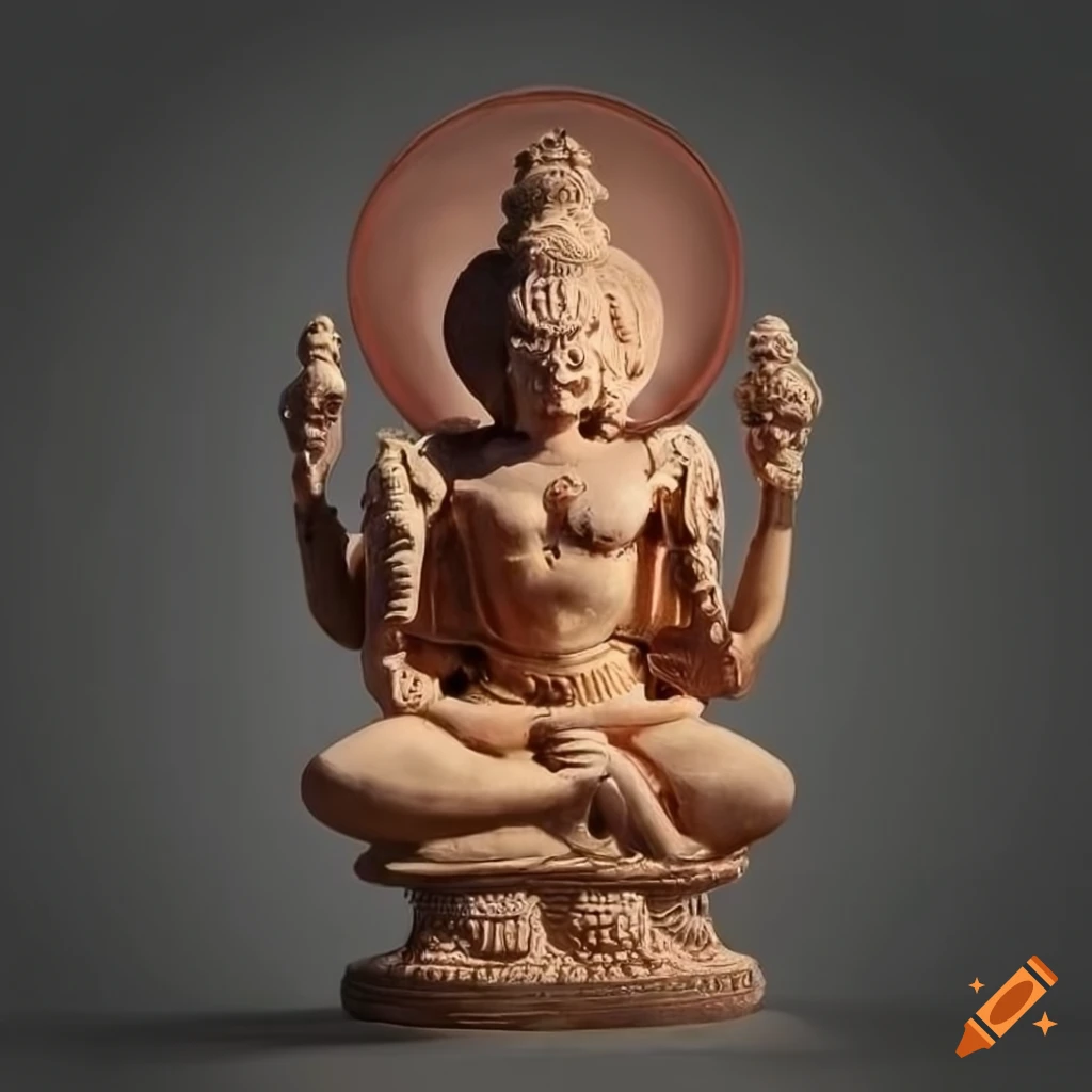 Sculpture of Brahma with multiple heads and rings of fire on Craiyon